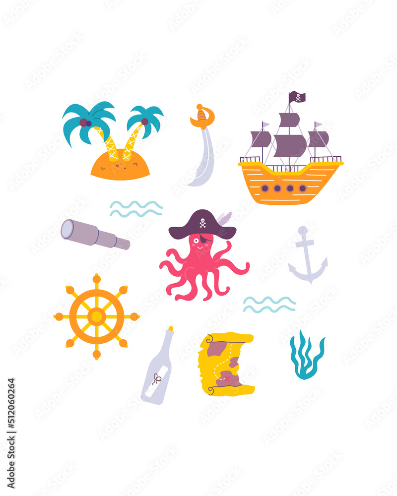 Funny childrens pirate print. Octopus, ship, map in flat hand drawn ...