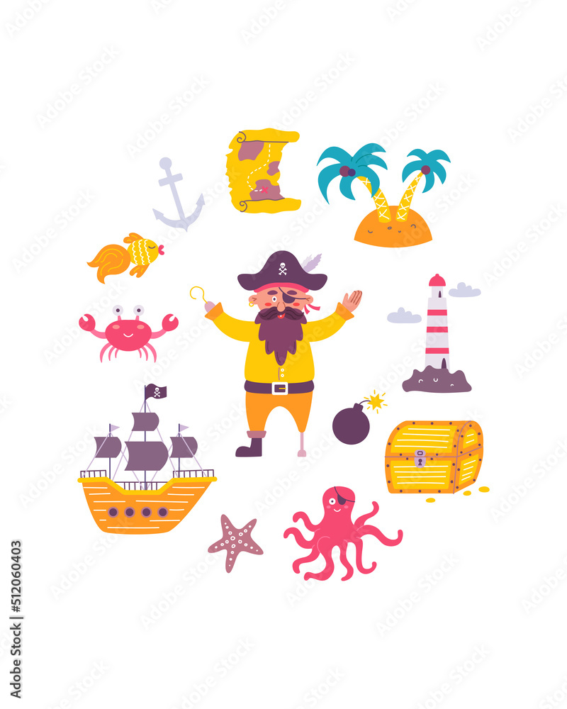 Funny childrens pirate print. Captain with sea inhabitants, ship, map ...