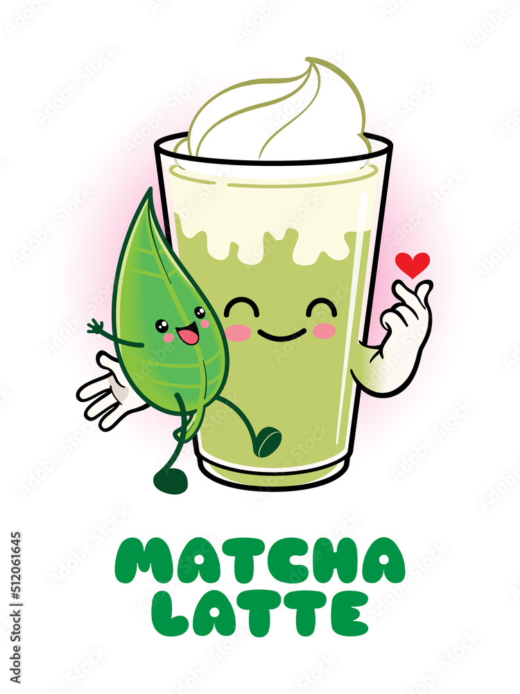 Cartoon characters of a cup of matcha latte and a green tea leaf Stock ...