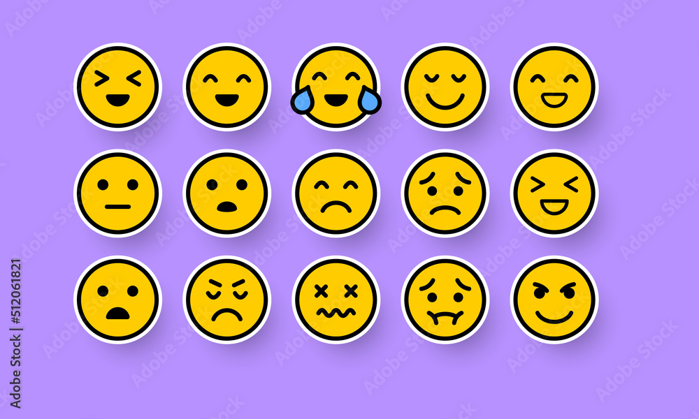 Emoticon set icon. Laugh, crying, love, laughter, surprise, tongue ...