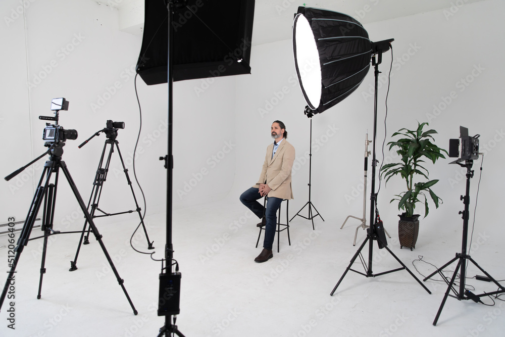 Video Production Set Behind the Scenes. Video Cameras, Lighting and ...