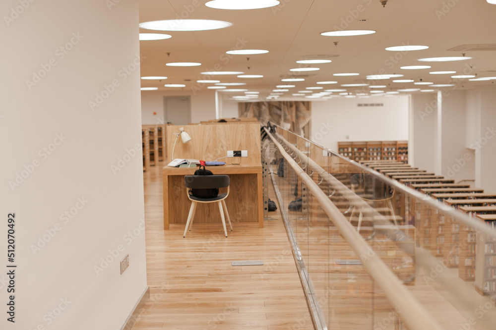 Public library modern style interior in neutral colors. Beige color ...