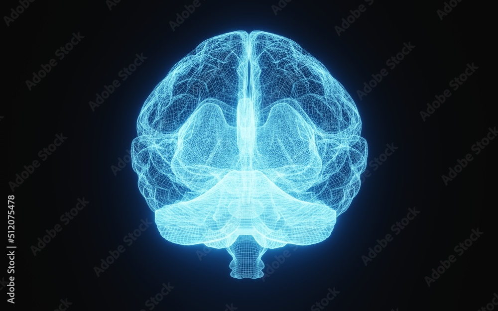 Glowing X-ray image of human brain in blue wireframe on isolated black ...