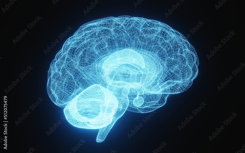 Glowing X-ray image of human brain in blue wireframe on isolated black ...