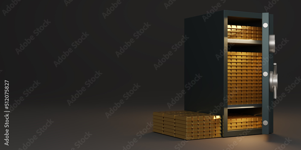 Dark blue Safe box font view with the gold bar inside on dark ...