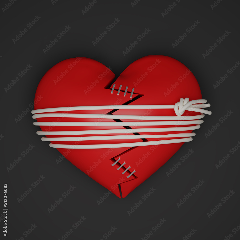 3D Top view red heart is cracked with a rope wrapped around it. Repair ...