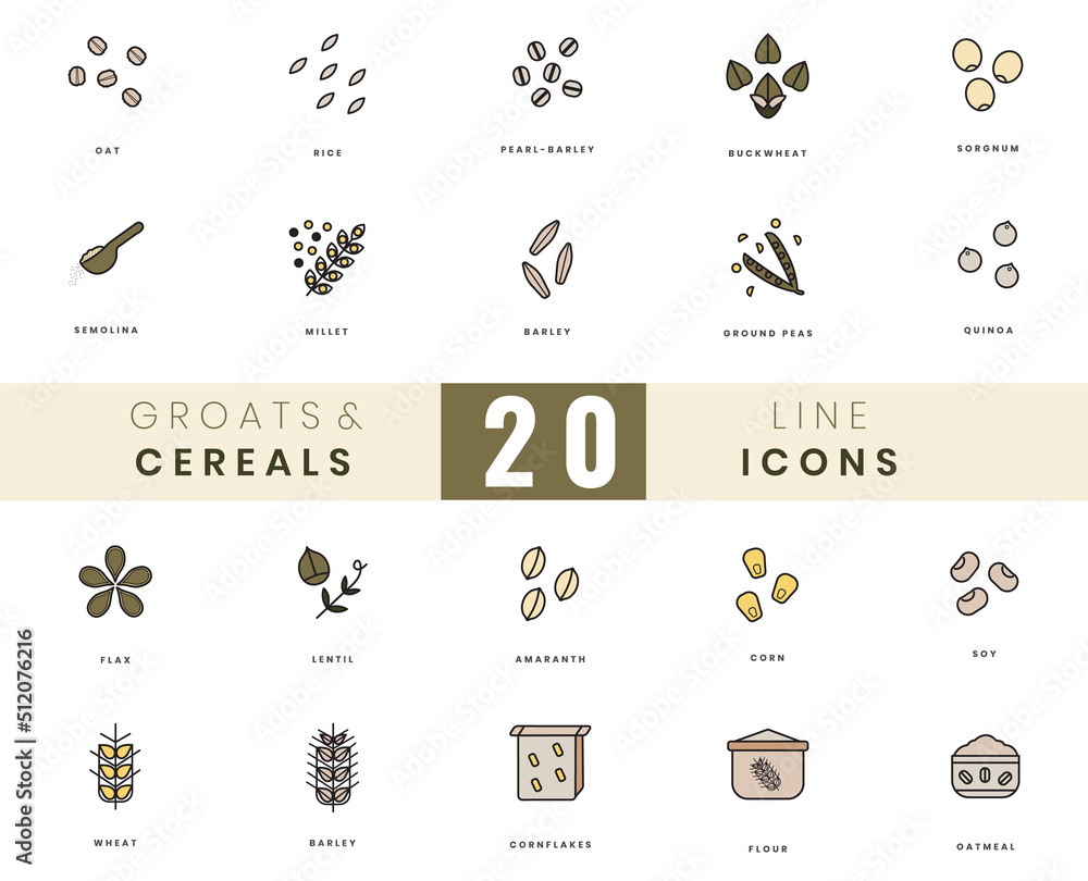 Grains and cereals icons. In colored outline style. For wesite design ...