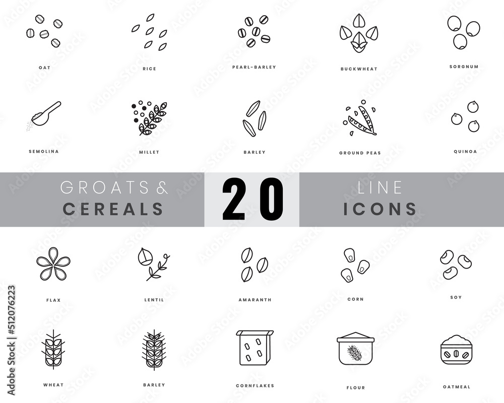 Grains and cereals icons. In lineart, outline style. For wesite design ...