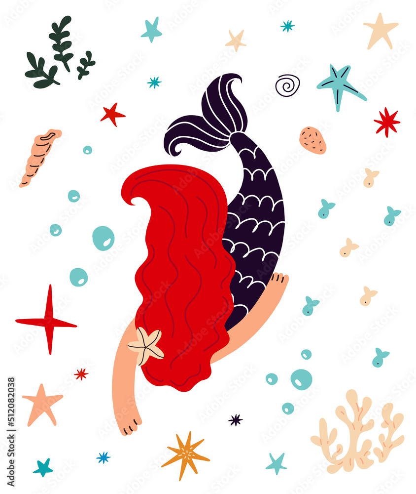 Cute Mermaid with red hair and marine animals. Mermaid and sea life ...