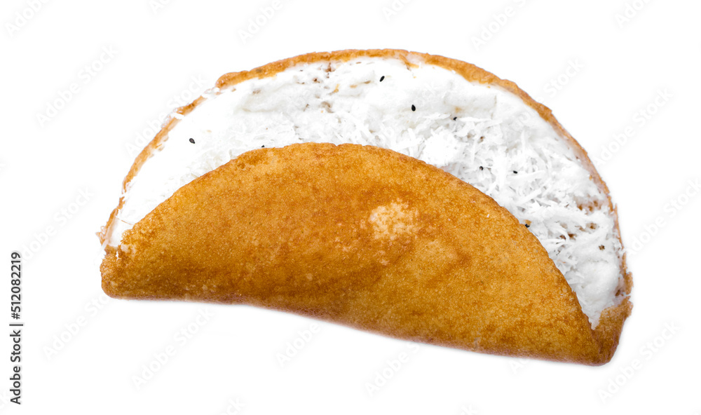 Brown Thai traditional soft bread stuffed with coconut sliced on white ...