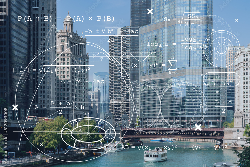Panorama cityscape of Chicago downtown and Riverwalk, boardwalk with ...