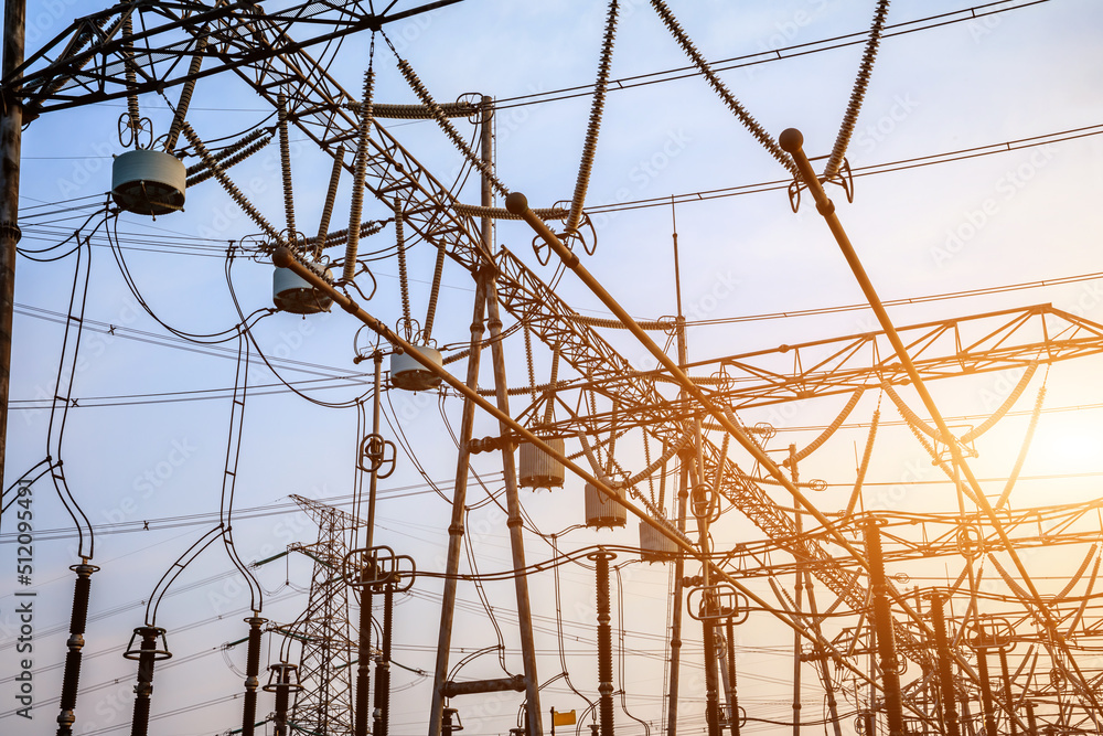 High voltage power tower in substation. Transmission power line ...