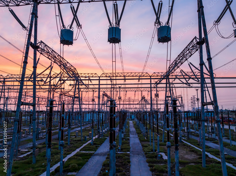 High voltage power tower in substation. Transmission power line ...