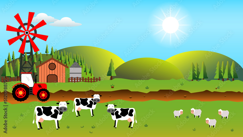 Farm Landscape With Barn And Tractor Aesthetic Wallpaper Stock Vector ...