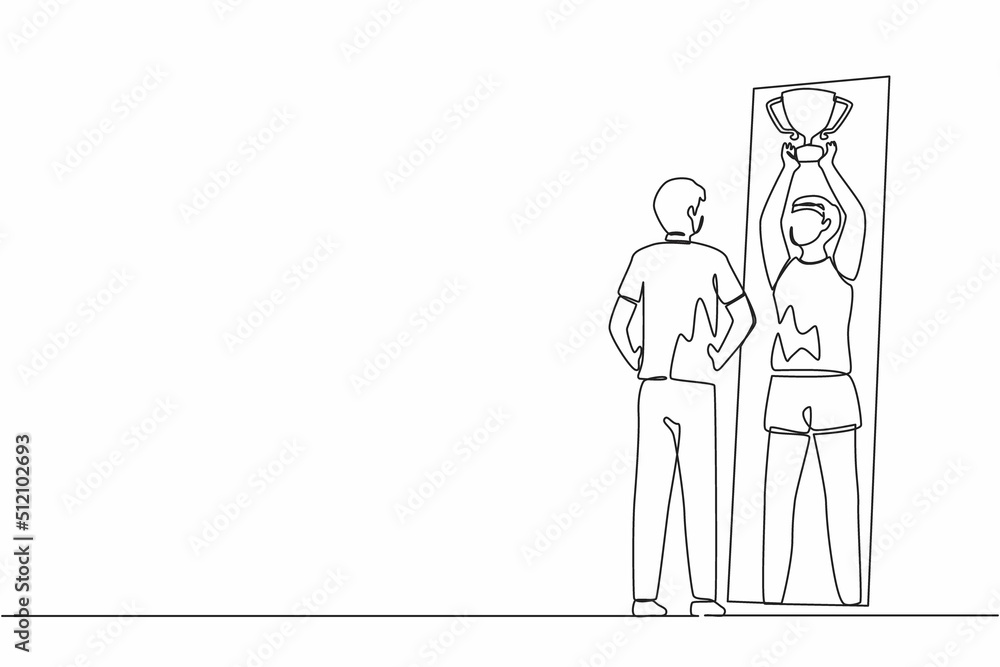 Continuous one line drawing guy standing in front of mirror looking at ...