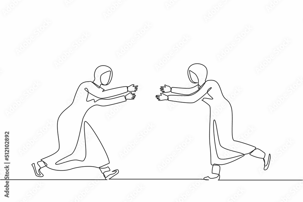 Continuous one line drawing happy Arab girls meeting after long time ...