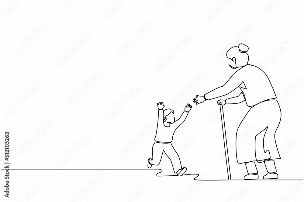Single continuous line drawing joyful little boy meeting their ...
