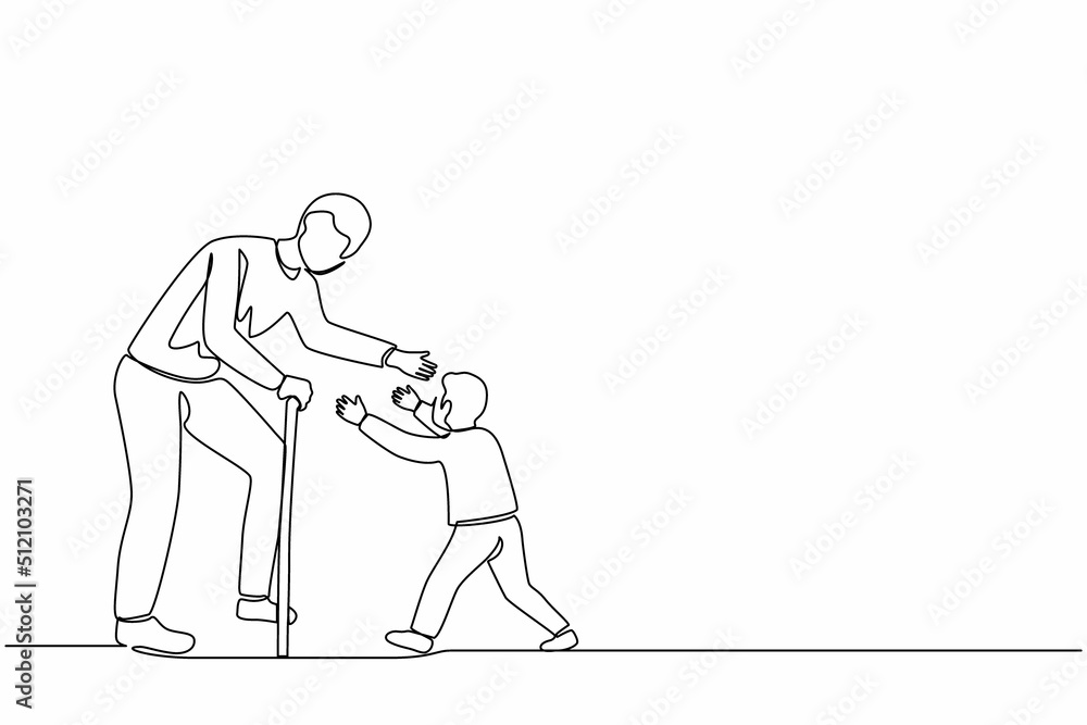 Single continuous line drawing happy little boy running to hug his ...
