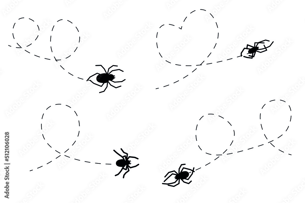 Spider on a dotted line route. Animal black silhouette. Vector isolated ...