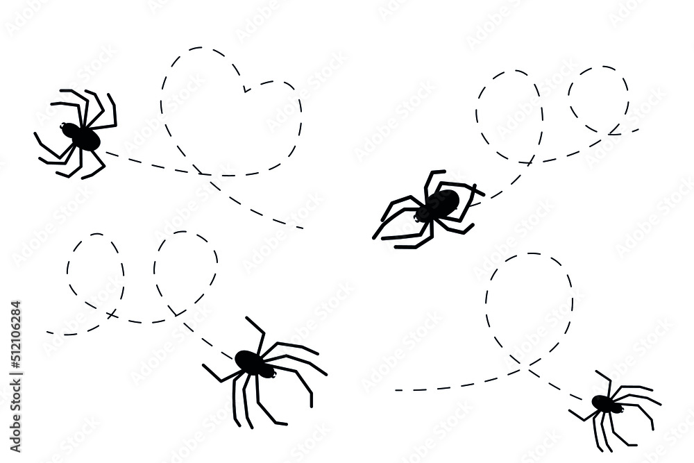 Spider on a dotted line route. Animal black silhouette. Vector isolated ...