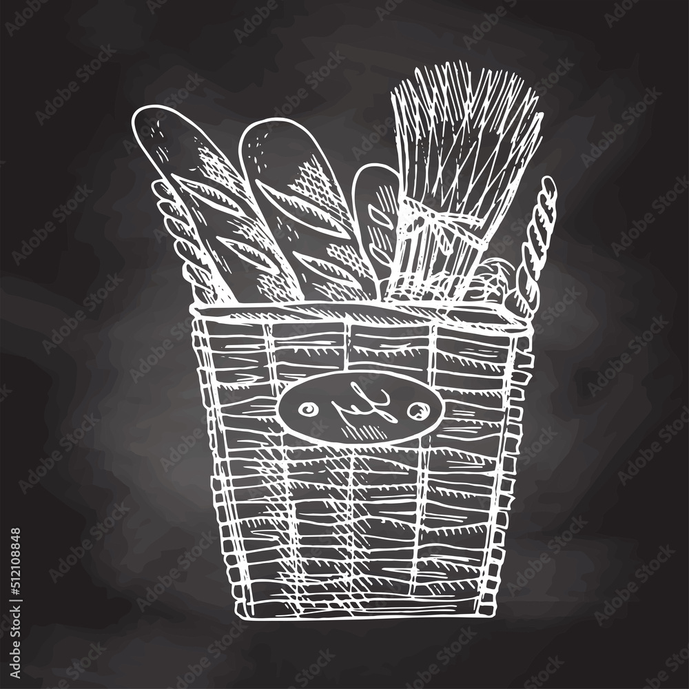 Vector hand drawn illustration of wicker square basket with baguettes ...