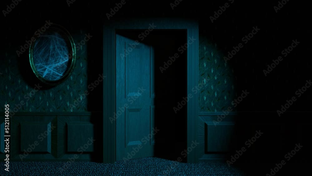 A door opens slowly in the dark creepy corridor 3d 4K animation. Spooky ...