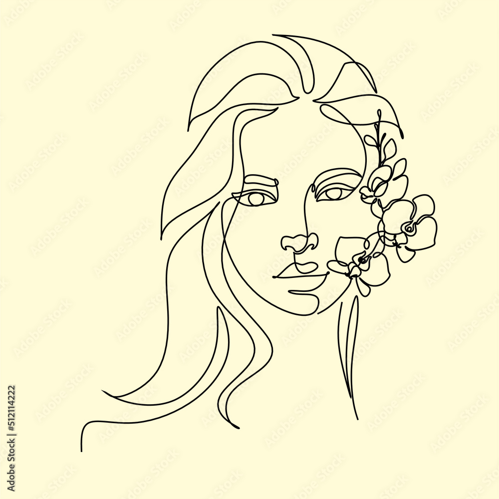 Line Art Woman Face With Flowers Continuous One Line Drawing Female