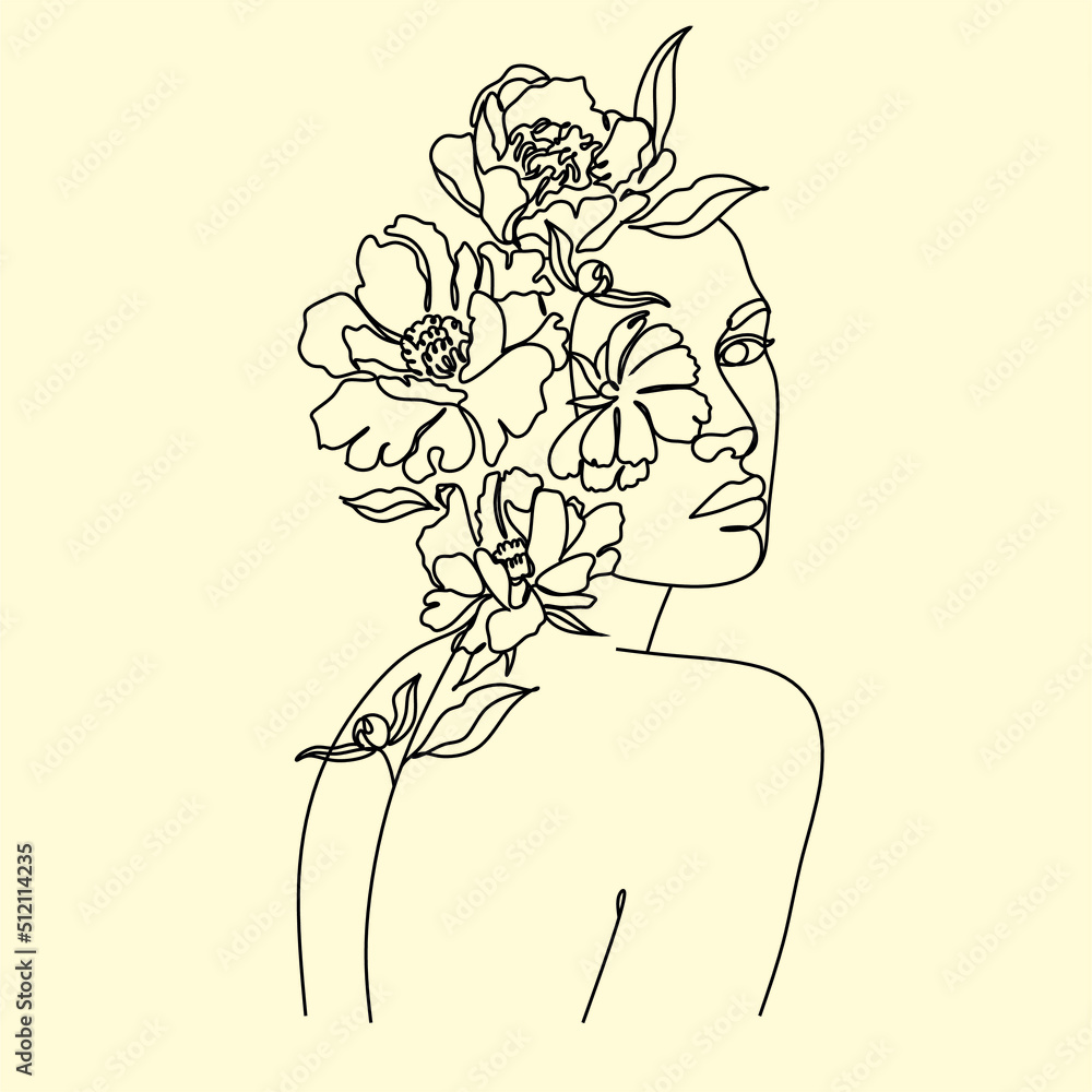 Line Art Woman Face with Flowers Continuous One Line Drawing. Female ...