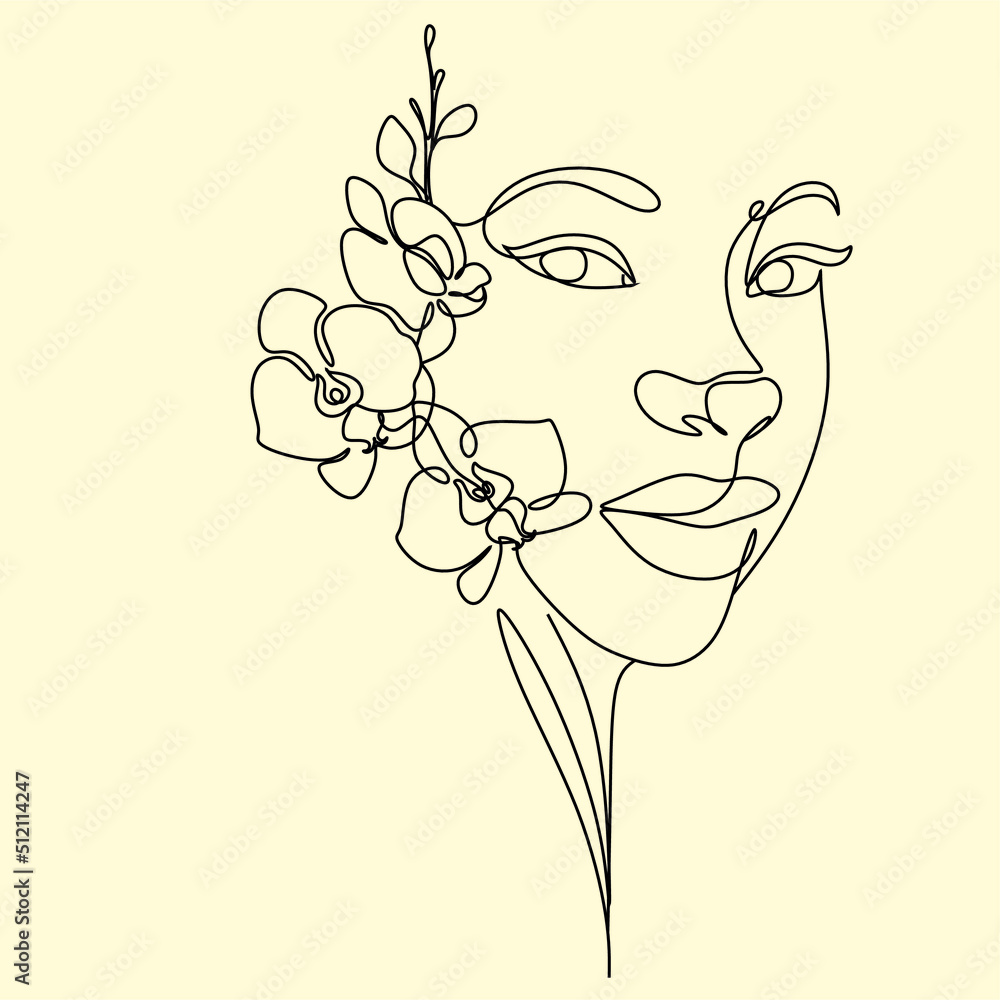 Line Art Woman Face With Flowers Continuous One Line Drawing Female