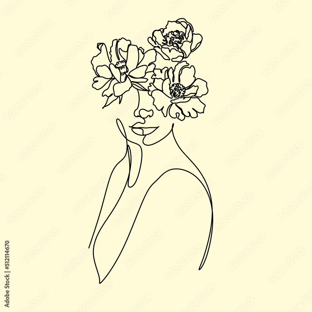Line Art Woman Face With Flowers Continuous One Line Drawing Female
