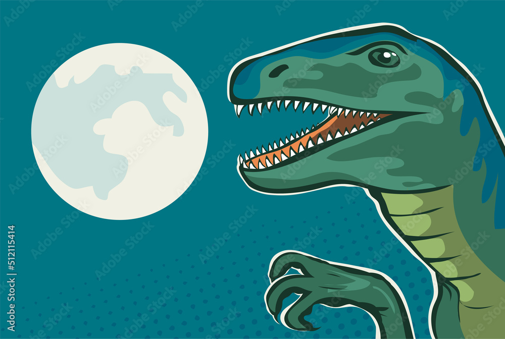 Ancient lizard raptor on the background of the moon. Scary monster with ...