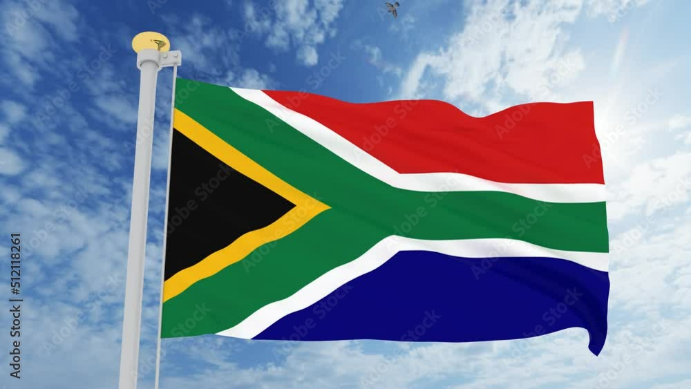 Flag of South Africa waving in the wind, sky and sun background. South ...