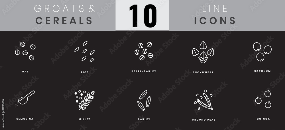 Grains and cereals icons. In lineart, outline style. For wesite design ...