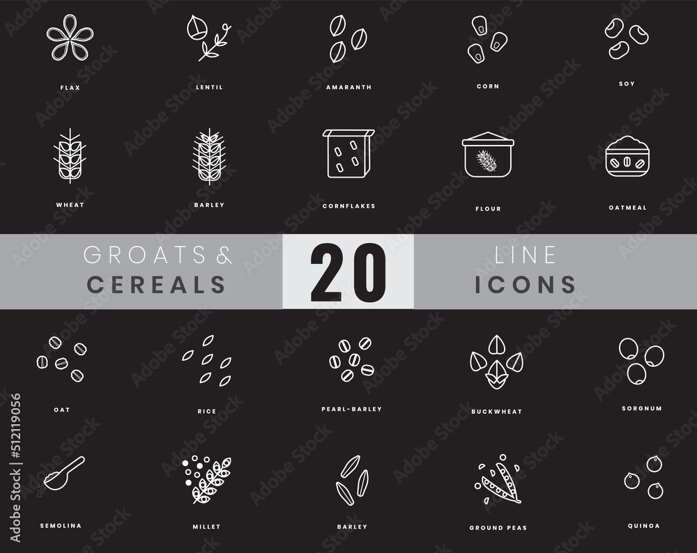 Grains and cereals icons. In lineart, outline style. For wesite design ...