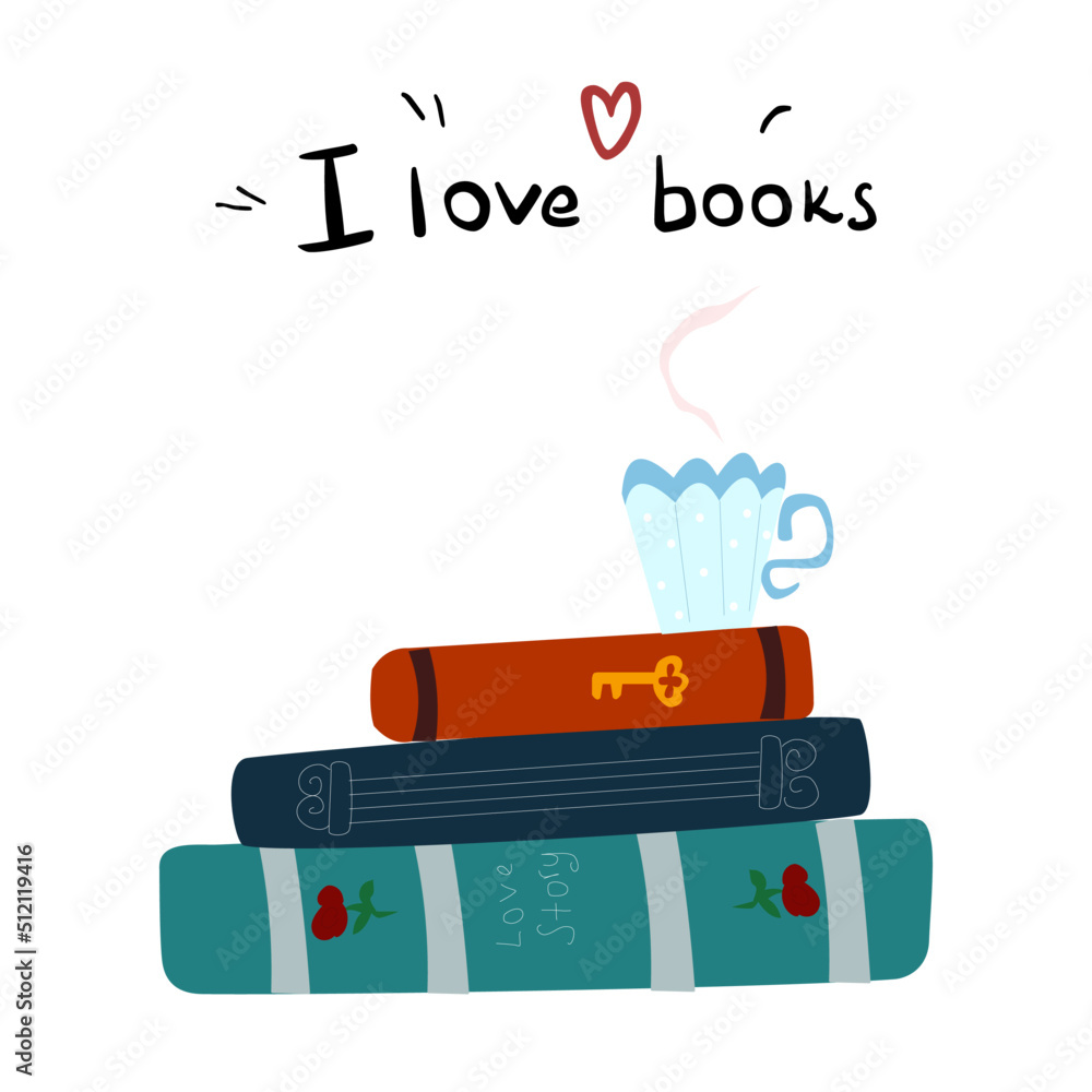 cartoon bright stack of books with a cup drawn by hand. Lovers of books ...