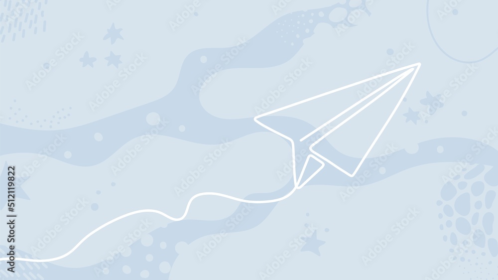 Abstract trendy background with flying lined airplane. One line paper ...
