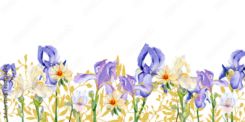Watercolor flower border frame. Beautiful foral iris and wildflowers ...