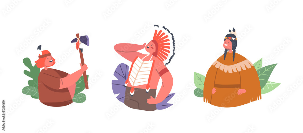 Set Indian American Indigenous Kids Characters Isolated Icons or ...