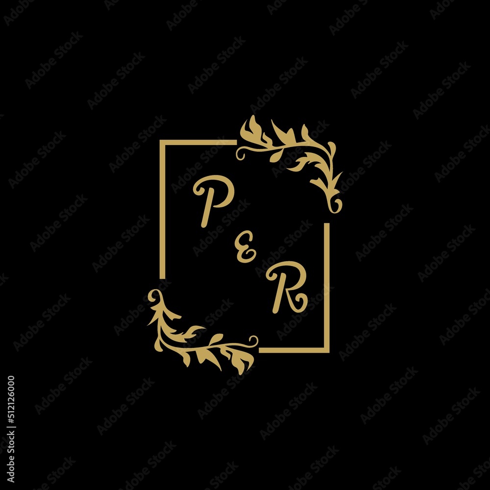 PR beauty and elegant wedding monogram initial logo with gold square ...