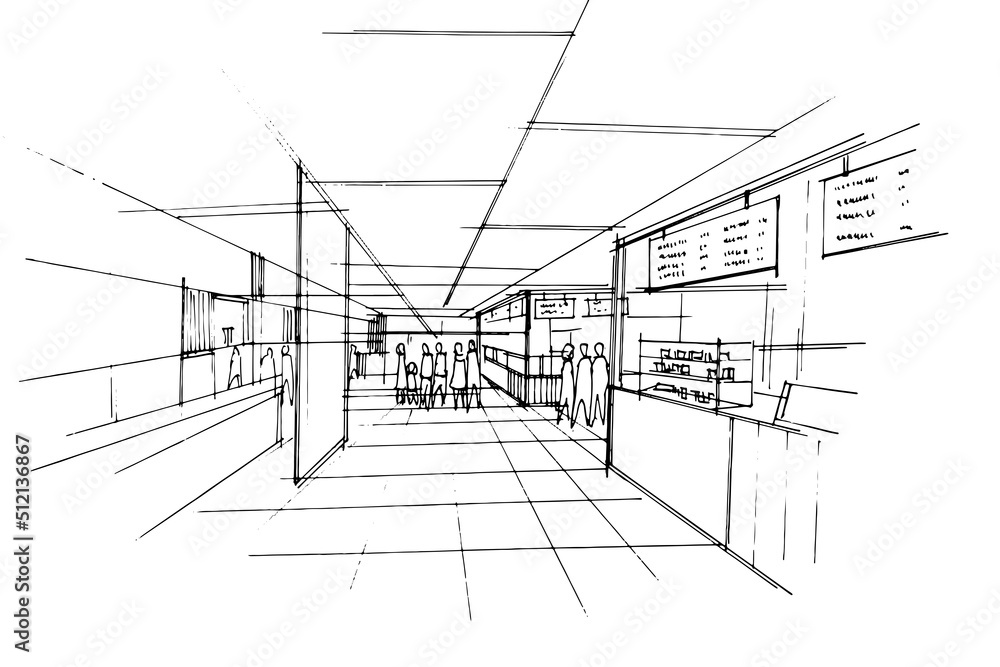 Sketch drawing of a department store area and food counter,Modern ...