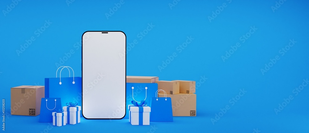 Blue background online shopping on social media app. 3d white screen ...