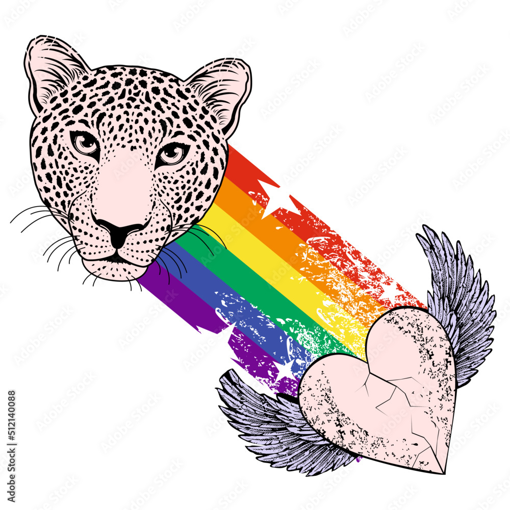 t-shirt design of a rainbow, a leopard and a winged heart isolated on ...