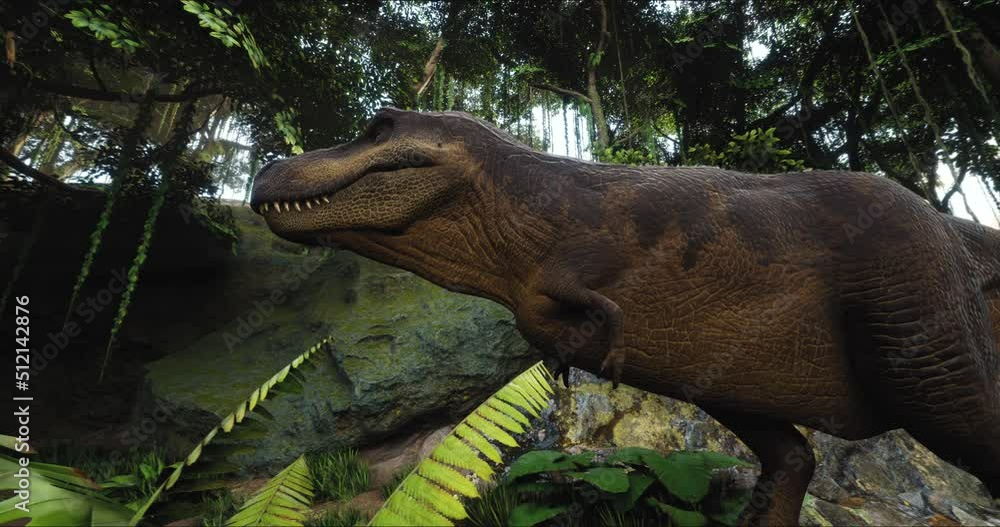 Tyrannosaurus walks through the Jurassic jungle. The Age of Dinosaurs ...