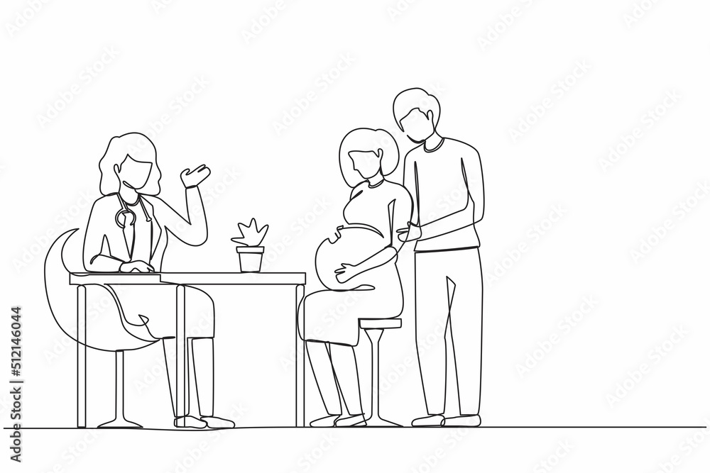 Single one line drawing family expecting child visiting doctor isolated ...