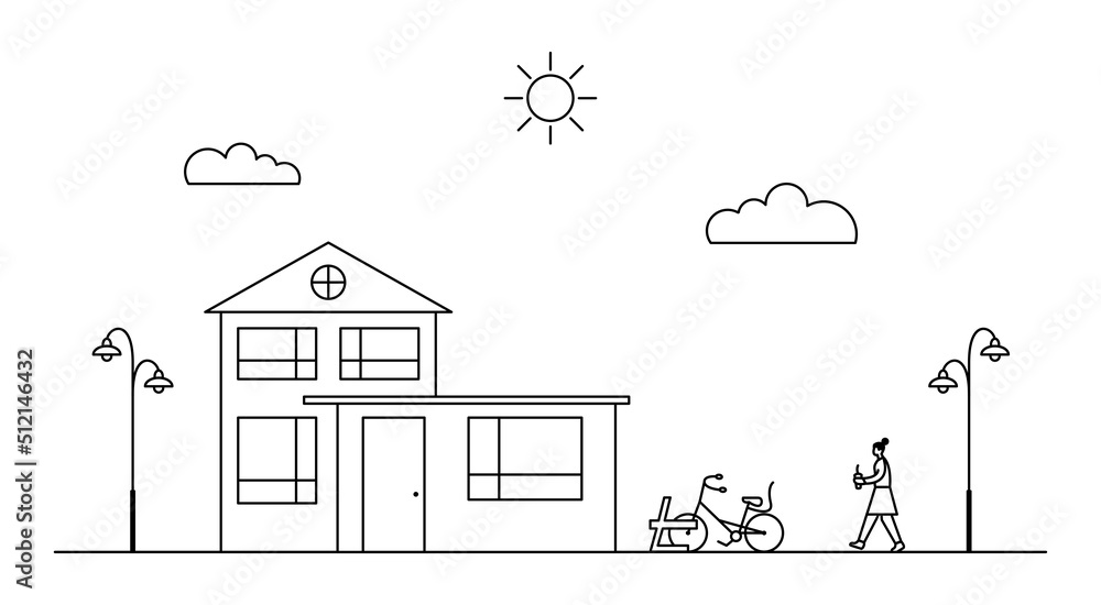 Line art vector neighborhood illustration with house, wheel and woman ...
