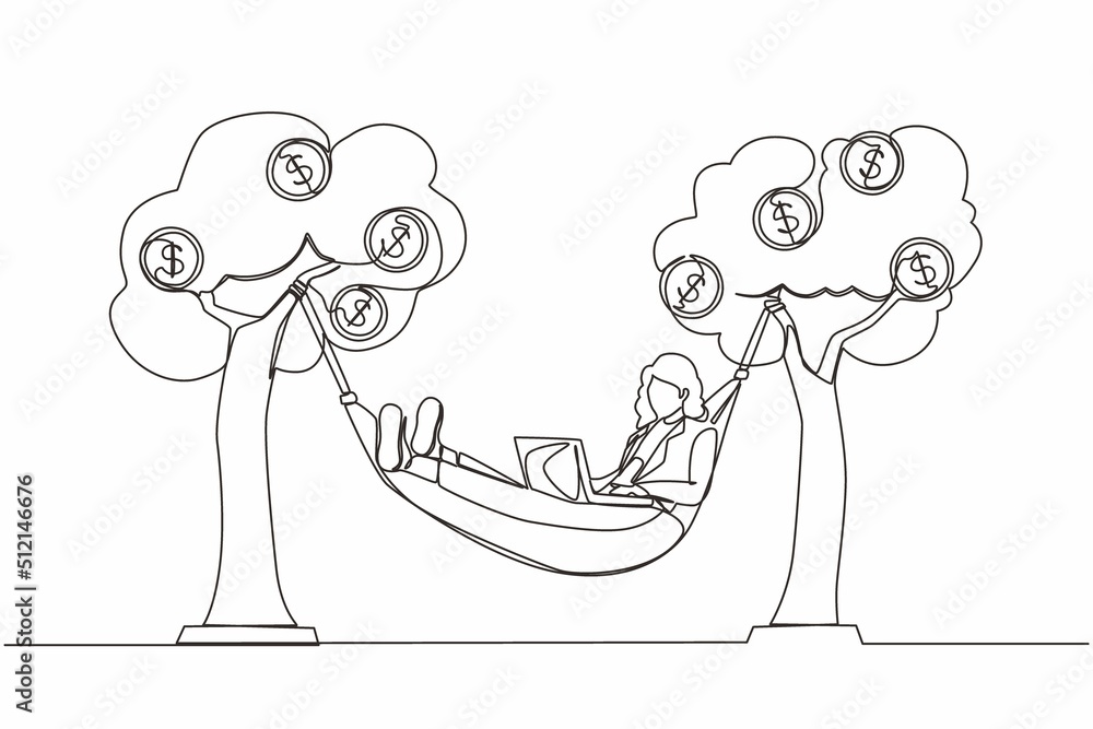 Continuous one line drawing happy rich businesswoman typing with laptop ...