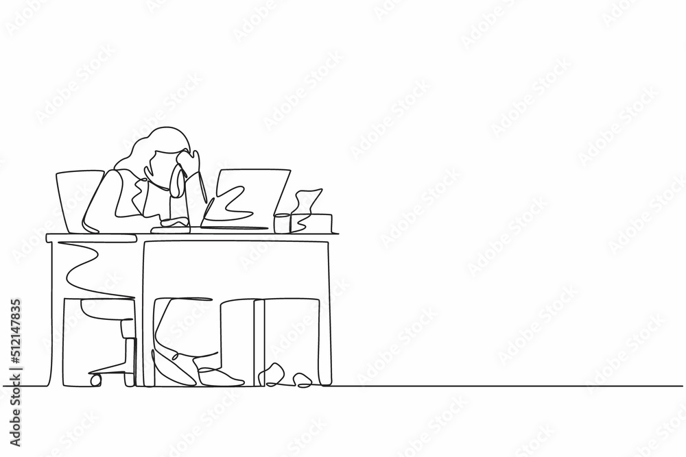 Single continuous line drawing female employee crying while wiping ...