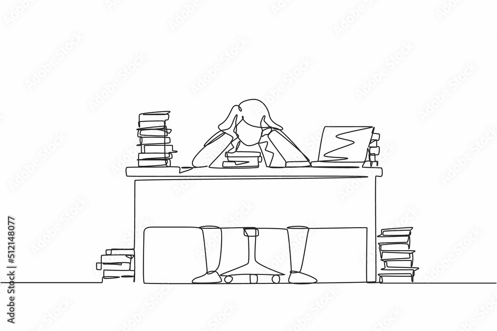 Single continuous line drawing stressed businesswoman throwing tantrum ...