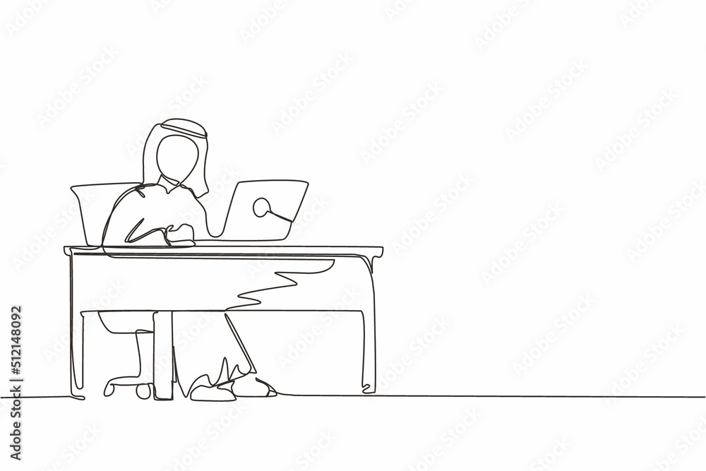 Single one line drawing male works in office. Arabic businessman ...