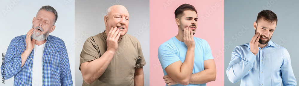 Collage with photos of men suffering from toothache on different color ...